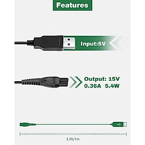 JOVNO 15V USB Charging Cable for HQ8505 2300 7000 5000 3000 Series 3500 mg5750 mg7750 S1560 Electric Shaver Razor Multigroom Beard Trimmer, 15V 0.36A Power Supply Adapter Charging Cord