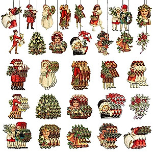 45 Pcs Christmas Hanging Ornaments Vintage Christmas Wooden Decorations Poinsettia Red Green Xmas Tree Hanging Sign Retro Holiday Wood Signs with Rope for Christmas Party Supplies Home Decor