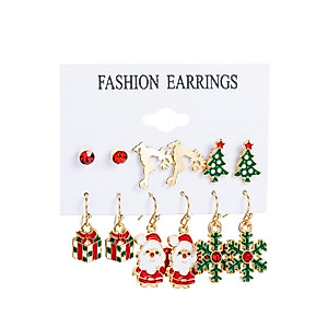 6 Pair Christmas Earrings for Women Cute Funny Holiday Xmas Stud Earrings Bow Bell Candy Reindeer Snowflake Santa Claus Tree Enamel Drop Dangle Earrings for Christmas Gifts -Style 1