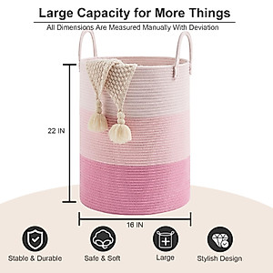 AIMDFWER Woven Rope Laundry Hamper, 72L Tall Cotton Storage Basket for Blanket, Large Boho Dirty Clothes Hamper Bin for Girls Kids Baby Nursery in Living Room - Pink