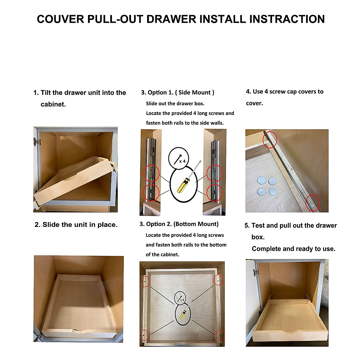 COUVER Pull Out Soft Close Cabinet Organizer, Wood Drawer Slide Out Shelves for Kitchen, 16.5"(W) x 21.25"(D) X 4"(H), Soft-Close Rail with Spacer, Side Mount, Bottom Mount