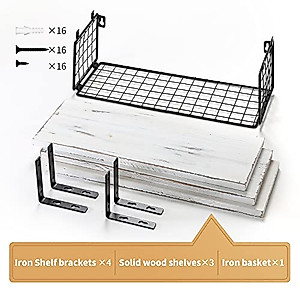 Floating Shelf ,Floating Shelves Wall Mounted Set of 3 ,Solid Wood Floating Shelves with Brackets and Basket Set,Rustic Wood Wall Shelves for Kitchen Living Room,Bedroom Shelves,Bathroom Shelf (White)