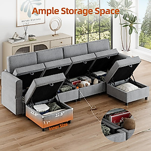 GAOMON 139.4" Chenille Reversible Sectional Sofa, 9-Seater Modular Sectional Sofa, Comfy Sectional Sleeper Sofa Couch with Chaise, U-Shape Modular Couch with Storage Seats & Ottomans, Grey