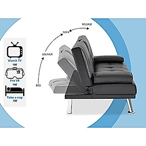 Naomi Home Black Futon Sofa Bed, Faux Leather Futon Couch with Armrest and 2 Cupholders, Pull Out Sofa Bed Couch with Metal Legs, Reclining Small Couch Bed, Black Couches for Living Room