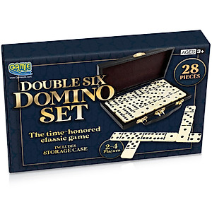Gamie Double Six Dominoes Game in Faux Leather Case, 28 Dominos Tiles for Kids, Fun Educational Toy Classroom Kit, Classic Set of Dominoes for Travel in Gift Box