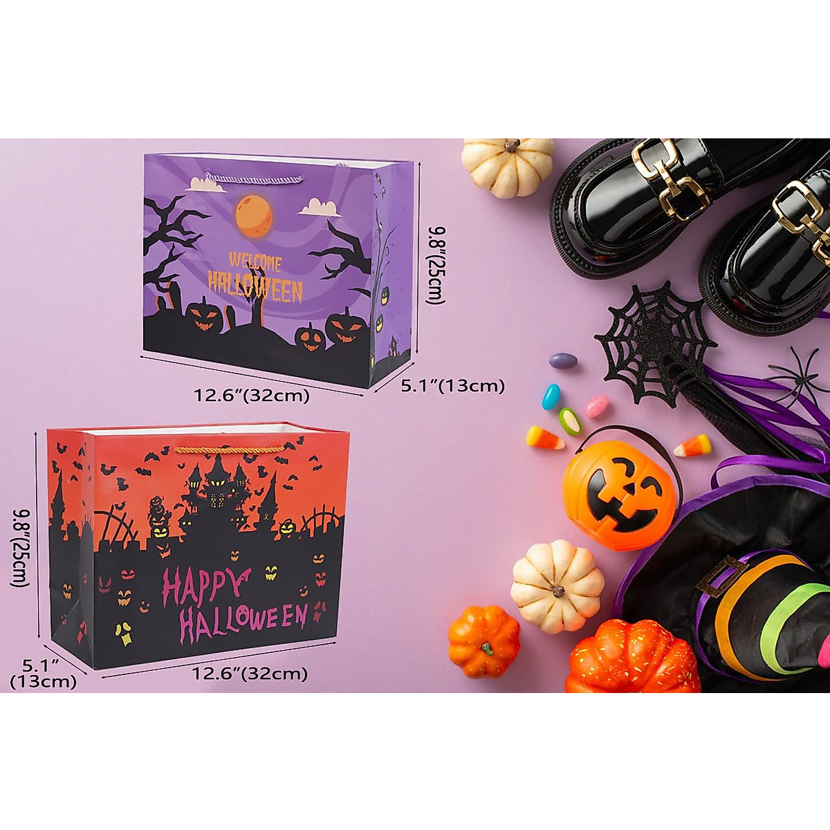 Lyforpyton 2 Pack Large Halloween Bags with Tissue Paper and Card 12.6" Trick or Treat Gift Bags for Halloween