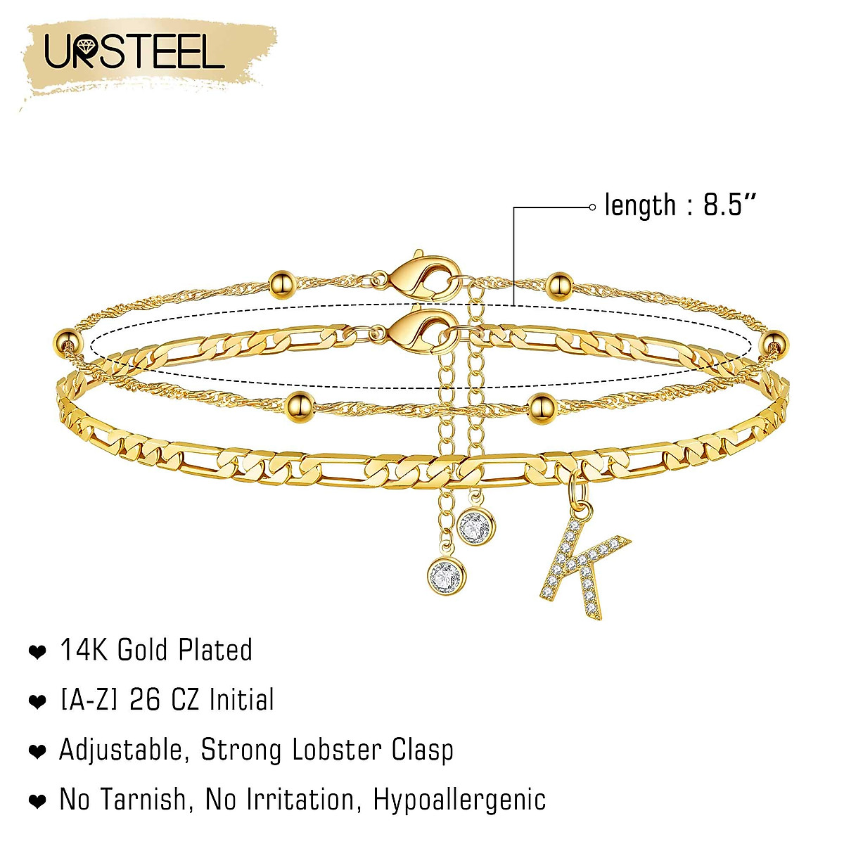 Ursteel Initial Ankle Bracelets for Women, 14K Gold Plated Ankle Bracelet with Initial K Dainty Adjustable Beaded Chain Chain Gold Anklets for Women Jewelry Gifts for Women