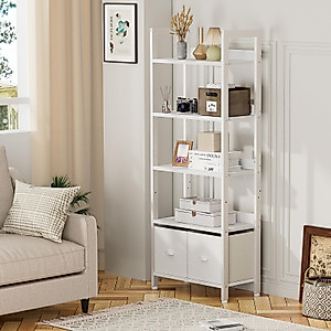 Furologee 5 Tier Bookshelf with Drawers, White Tall Bookcase with Shelves, Wood and Metal Bookshelves Storage Organizer, Modern Display Free Standing Shelf Unit for Bedroom, Living Room, Office