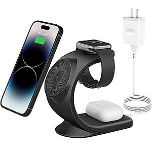 Veanpus Magsafe Charger Stand, Wireless 3 in 1 Charger with QC3.0 Adapter, Magnetic Wireless Charger Compatible with iPhone 15,14,13,12 Pro Max/Pro/Mini/Plus, iWatch se/8/7/6/5/4/3/2, AirPods(Black)