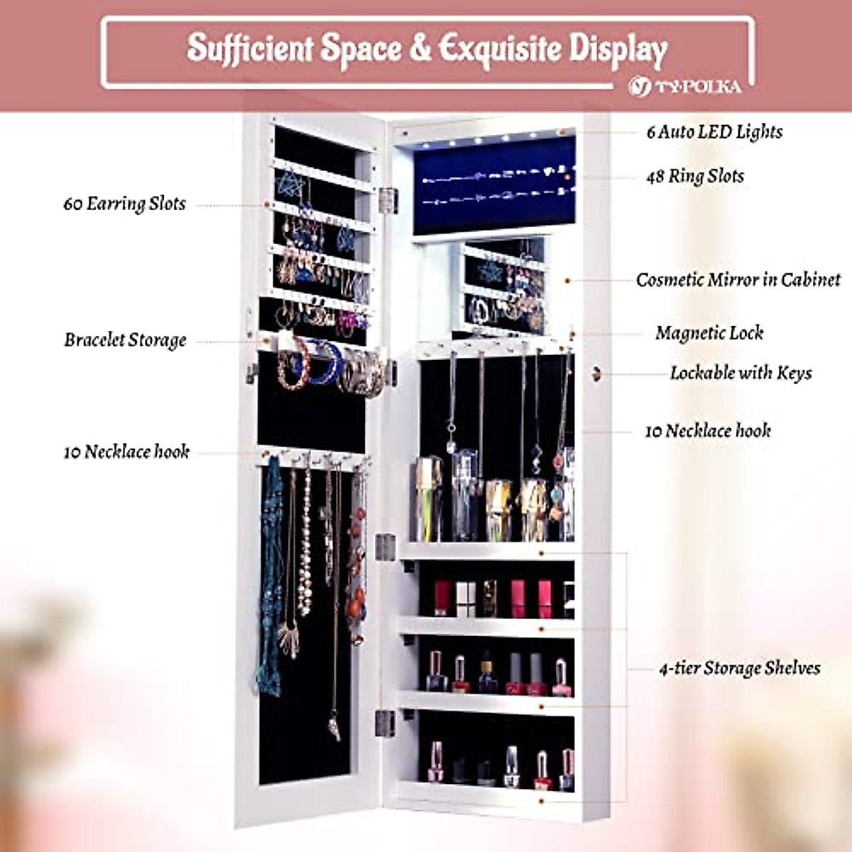 Ntufrest Jewelry Organizer, Touch LED Mirror Jewelry Cabinet,LED Wall/Door Mounted Jewelry Armoires for Women, Full Length Mirror with Jewelry Storage，Magnetic Lock