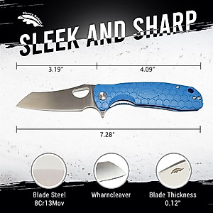 Western Active Honey Badger Wharncleaver Pocket Knife, Steel Blade Everyday Carry Knife, Pocket Knife, Tactical Knife and Folding Knife with Deep Carry Pocket Clip - (Medium Blue HB1041)