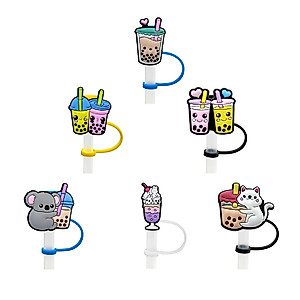 Cute Straw Covers Cap, Dust-Proof Straw Toppers, Reusable Drinking Straw Cover, Splash Proof Straw Caps, Portable Silicone Straw Tip Covers Decoration(6 Pcs Mixed Style)