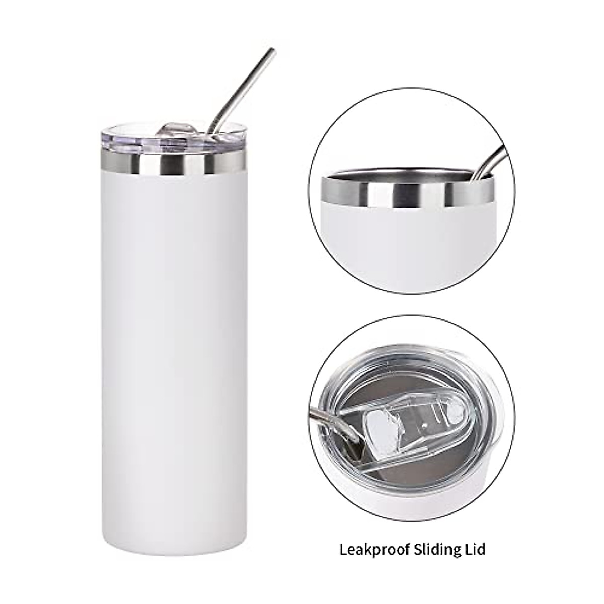 PYD Life Sublimation Blanks Tumbler Skinny Straight Matte White Powder Coating 20 OZ Coffee Stainless Steel Tumbler Cups with Lid and Metal Straw for Tumbler Heat Press 4 Pack