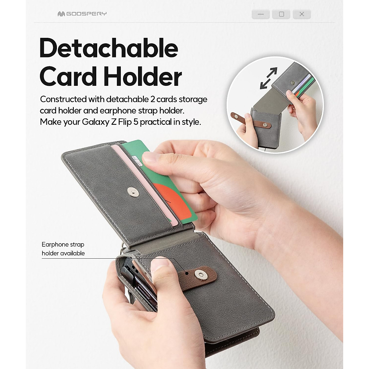 GOOSPERY Wallet Case Compatible with Galaxy Z Flip 5 Case, Detachable Card Holder 2 Card Pocket Storage Premium PU Leather Adjustable Cross-Body Strap Attached Earbud Cord Organizer - Grey