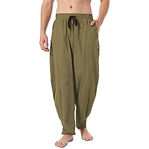 perdontoo Mens Linen Cotton Loose Fit Casual Lightweight Elastic Waist Summer Pants (Medium, Olive)