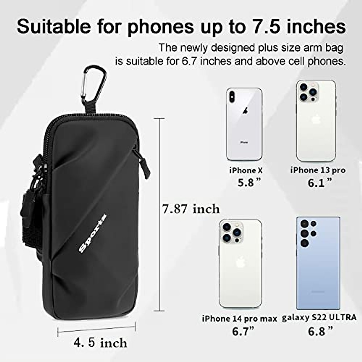 Phone Holder Arm Bands, Small Crossbody Shoulder Holsters Bag with Arm Band, Fits iPhone and All Cell Phones, Use for Running, Walking, Hiking & Biking (Plus Size,Black)