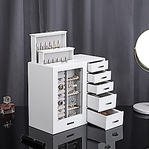 Homde Large Jewelry Box/Organizer/Case with Glass Window, Drawers for Necklaces Earrings Rings Bracelets Watches Gift for Women Girls (White+Grey)
