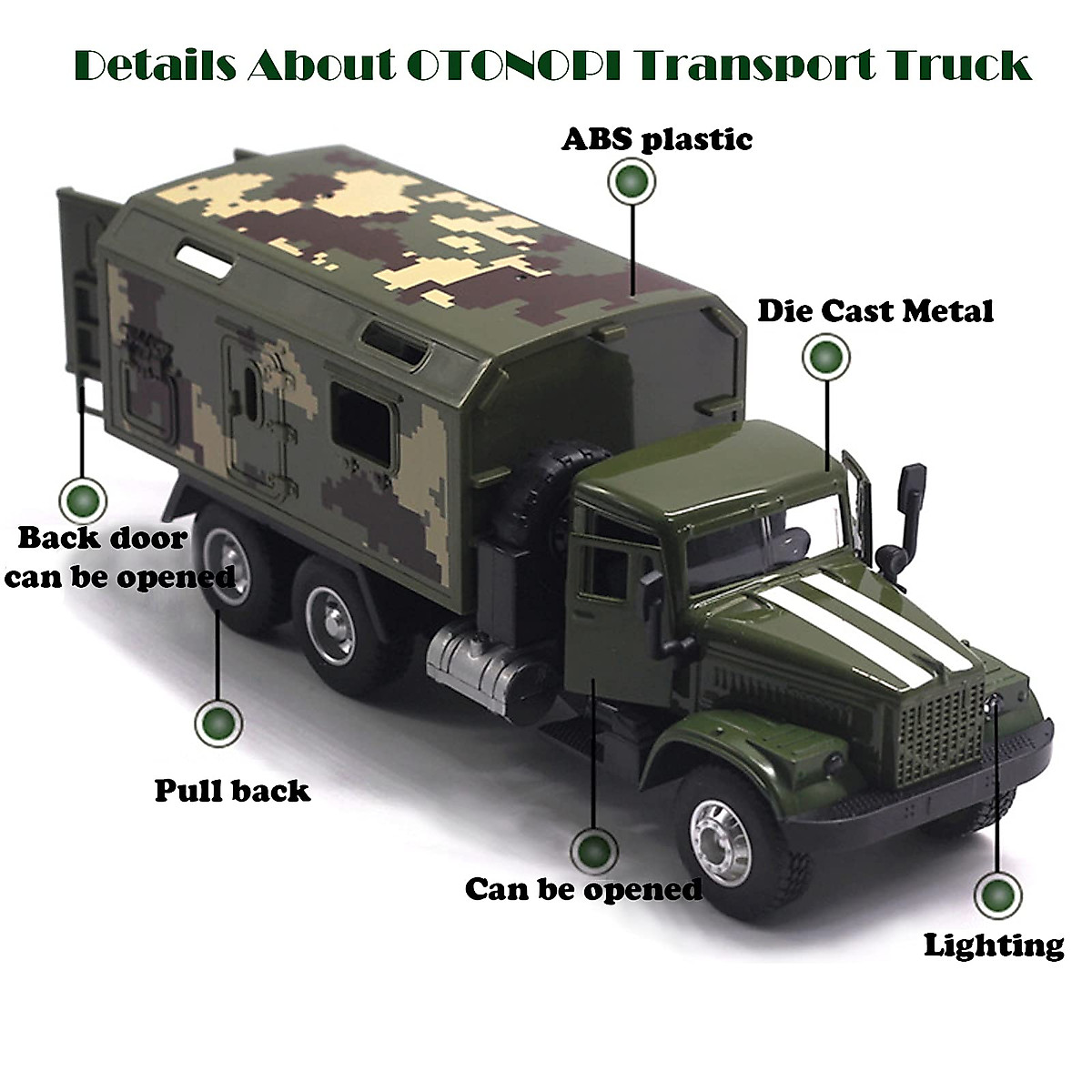 OTONOPI Military Truck Metal Diecast Army Armored for Boys Girls Pull Back Toy Model Car Treatment Transport Vehicle with Lights and Sounds