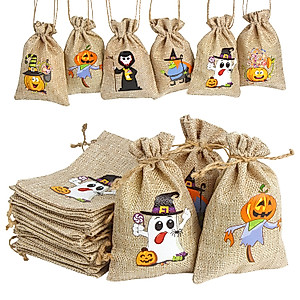 LOKIPA 36 Pcs Halloween Burlap Gift Bags with Drawstring Small Jute Pouches for Kids Adults Party Supplies