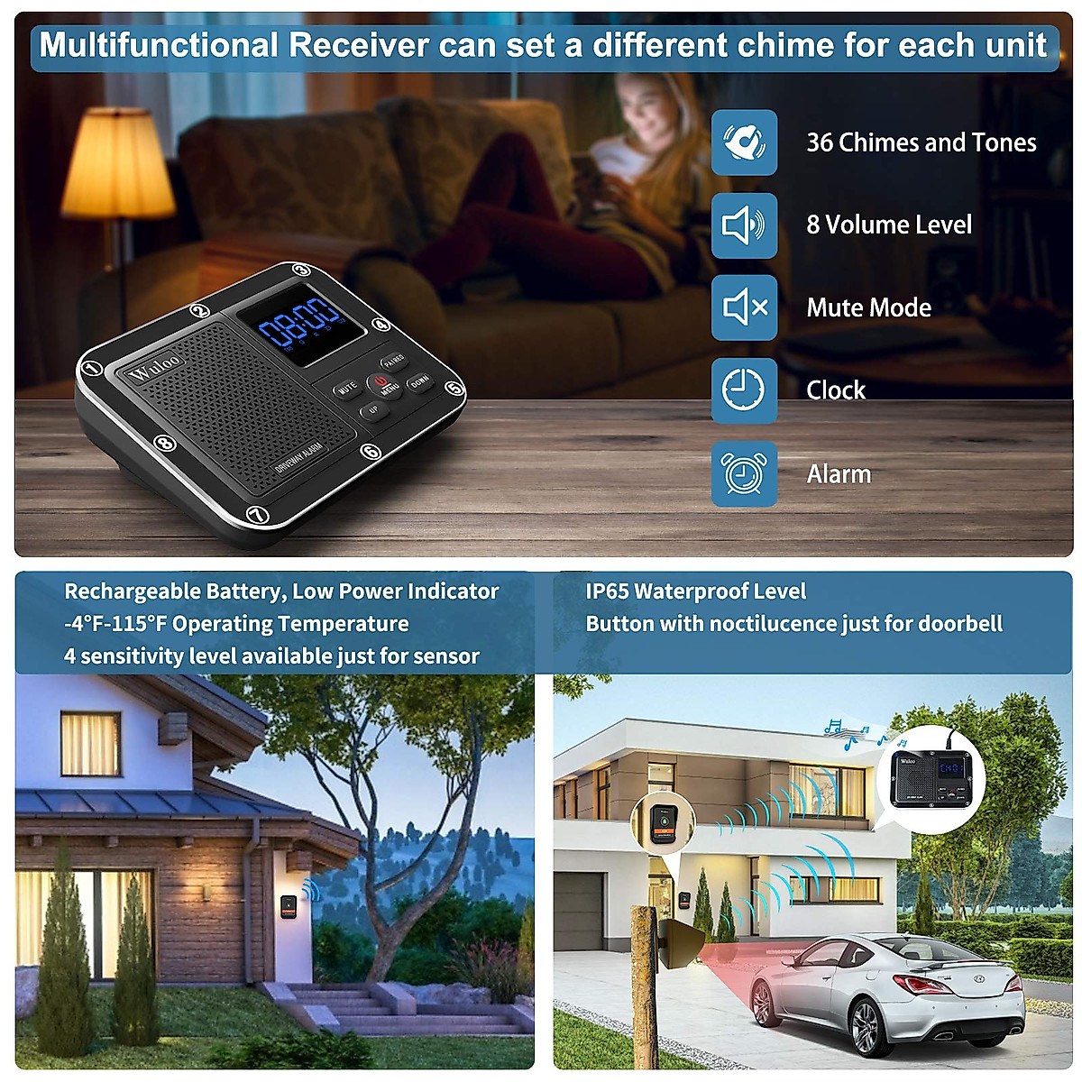Wuloo Wireless Doorbells for Home, Solar Driveway Alarm, Multifunctional Wireless Home Security System, Rechargeable Battery/Weatherproof/Mute Mode/Clock and Alarm (1 Receiver 1 Sensor 1 Doorbell)