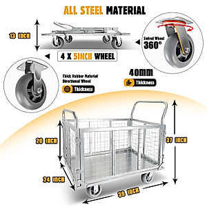 Platform Truck Cart with Cage 4-in-1 Heavy Duty Push Cart Dolly Load 1800LBS W/Swivel Casters, Multipurpose Heavy-Duty Platform Hand Truck Dolly Flatbed Cart for Grocery/Stall/Storage (39" x24")