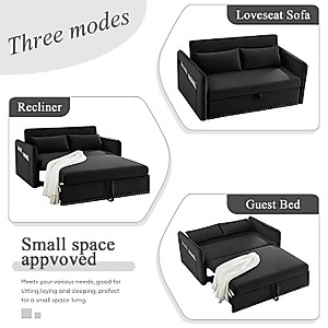 Antetek Sleeper Sofa Bed w/USB Port, Modern 3-in-1 Convertible Upholstered Velvet Loveseat Sofa w/Pull Out Bed, Small Futon Couch with Adjustable Backrest for Living Room Small Space Apartment, Black