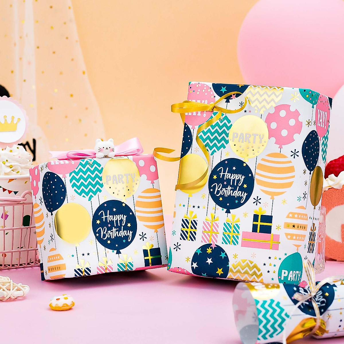 Homeral Birthday Wrapping Paper Roll-46.8sq.ft Birthday Gold Foil Balloon Design on Rich Mineral Paper Silk Touch for Birthday, Baby Shower, Party-17in x 33ft