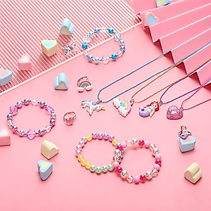 12 PCS Girls Necklaces Bracelets and Rings Set with Unicorn Mermaid Rainbow Heart Shell Star Pendants Girls Jewelry Set Party Favors Friendship Pretend Dress Up Play Jewelry (Cute Style)