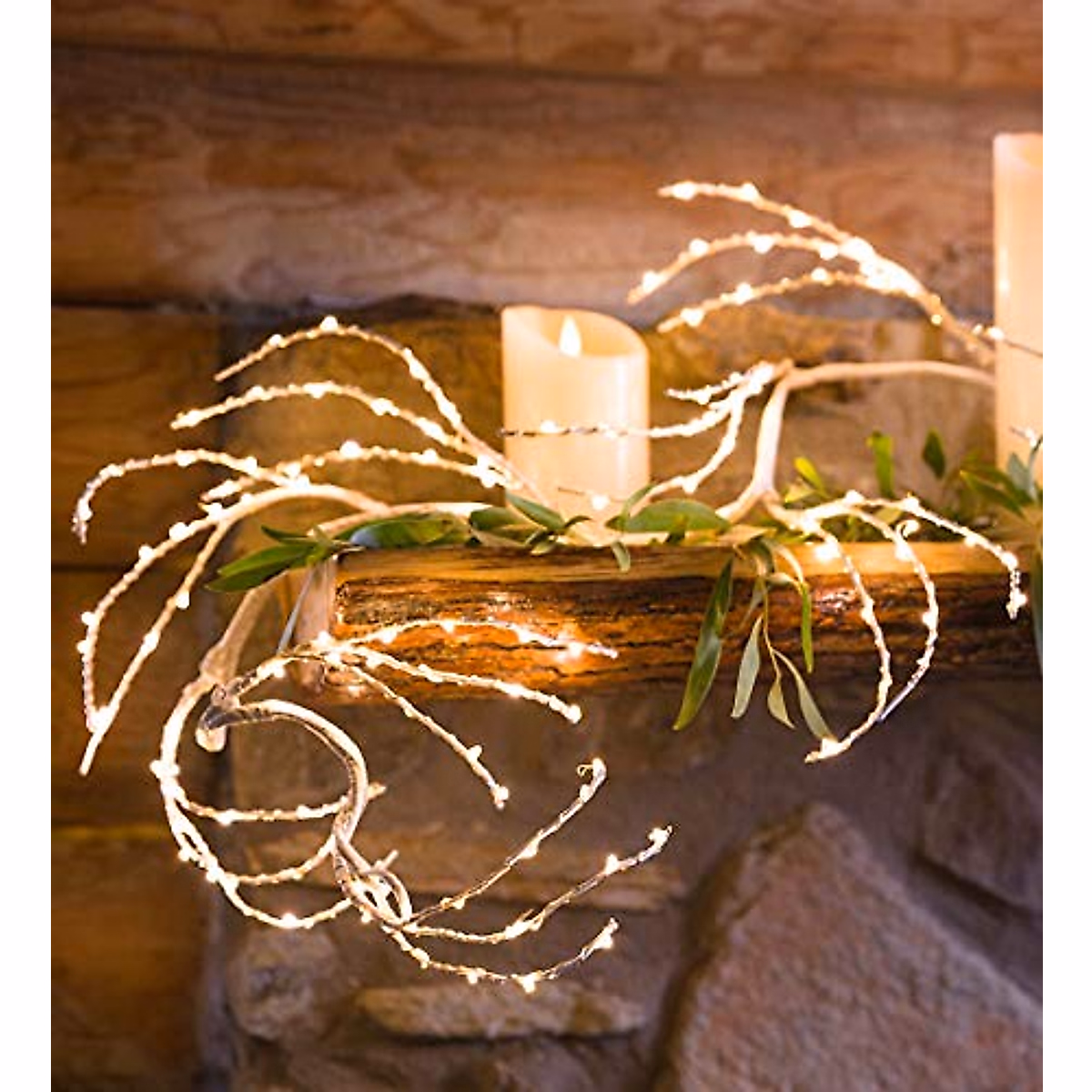 Plow & Hearth Indoor/Outdoor Lighted Birch Garland with Flexible Bendable Branches and 165 Warm White Micro LED Lights, 5'L Lighted Section with 16'L Electric Cord (White)