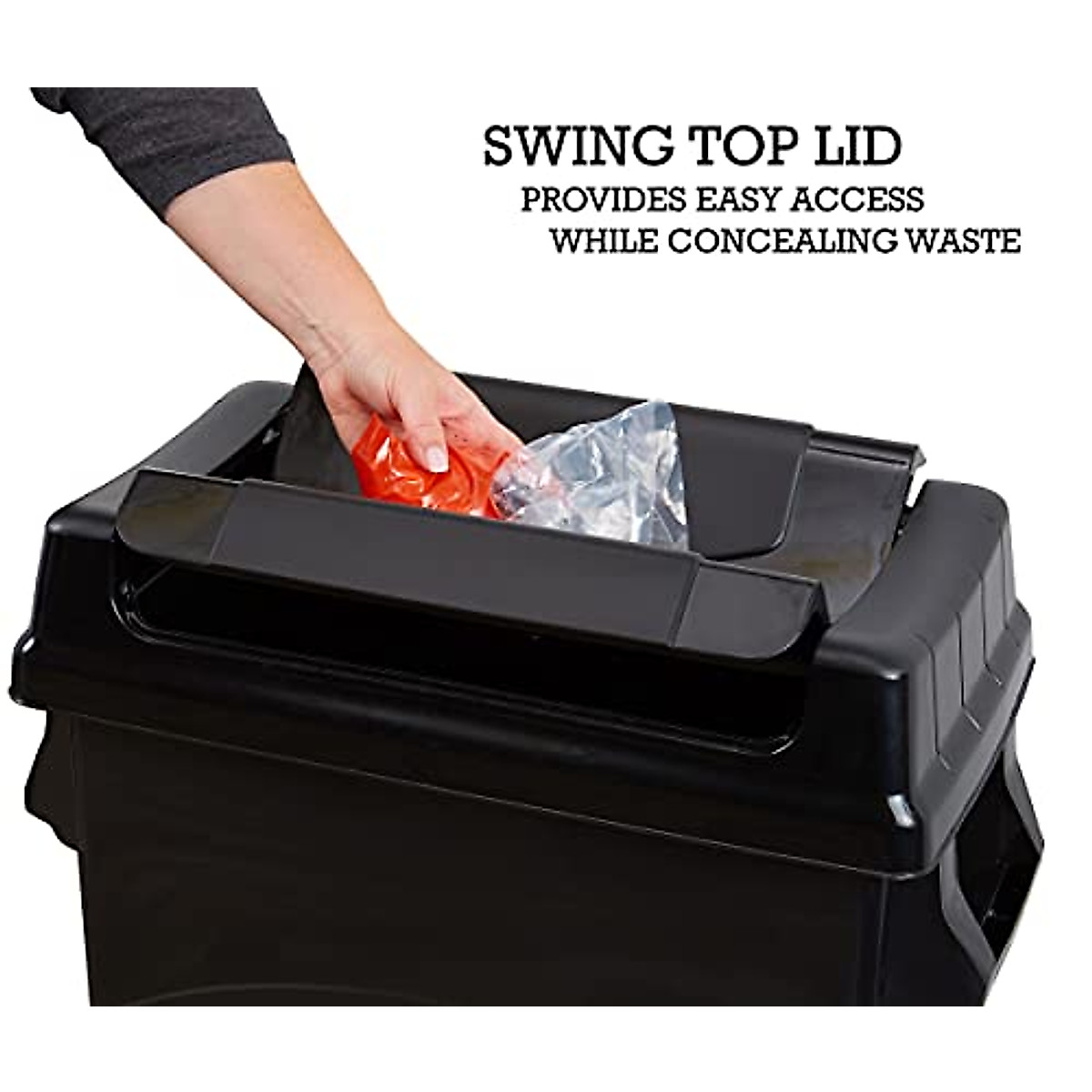 United Solutions Highboy Waste Container with Swing Lid, 23 Gallon, Space Saving Slim Profile and Easy Bag Removal, Handles for Easy Carrying, Indoor/Outdoor Use, Black, 1-Pack, (TI0082)