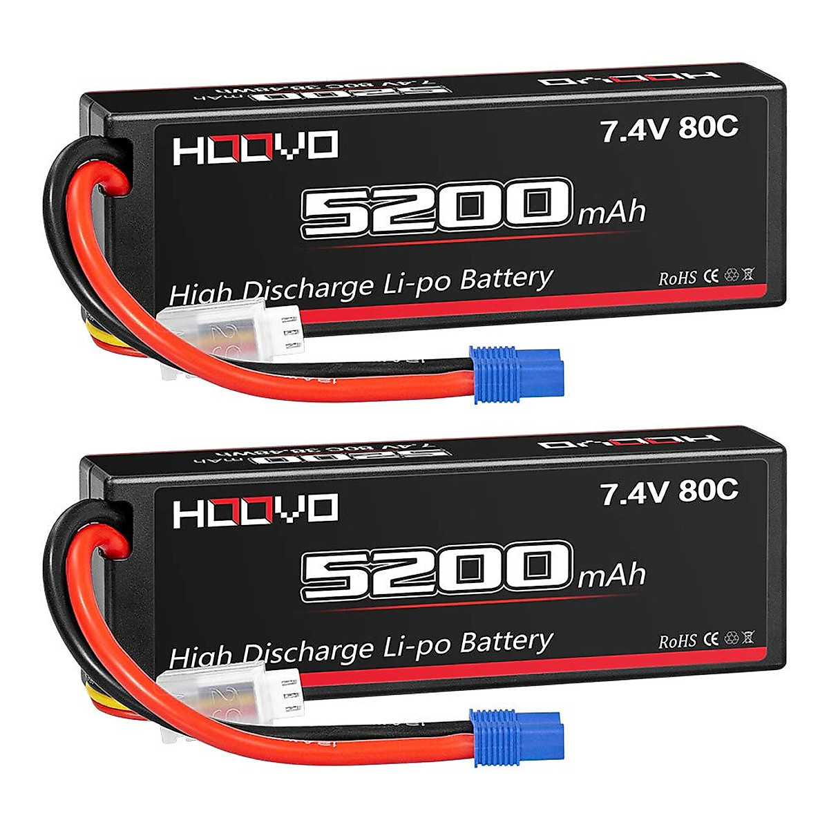 HOOVO 7.4V 5200mAh 80C 2S Lipo Battery Hard Case with EC3 Plug for Popular RC Car RC Helicopter Quadcopter UAV Drone FPV Tracxas Slash Buggy Team Associated(2 Packs)