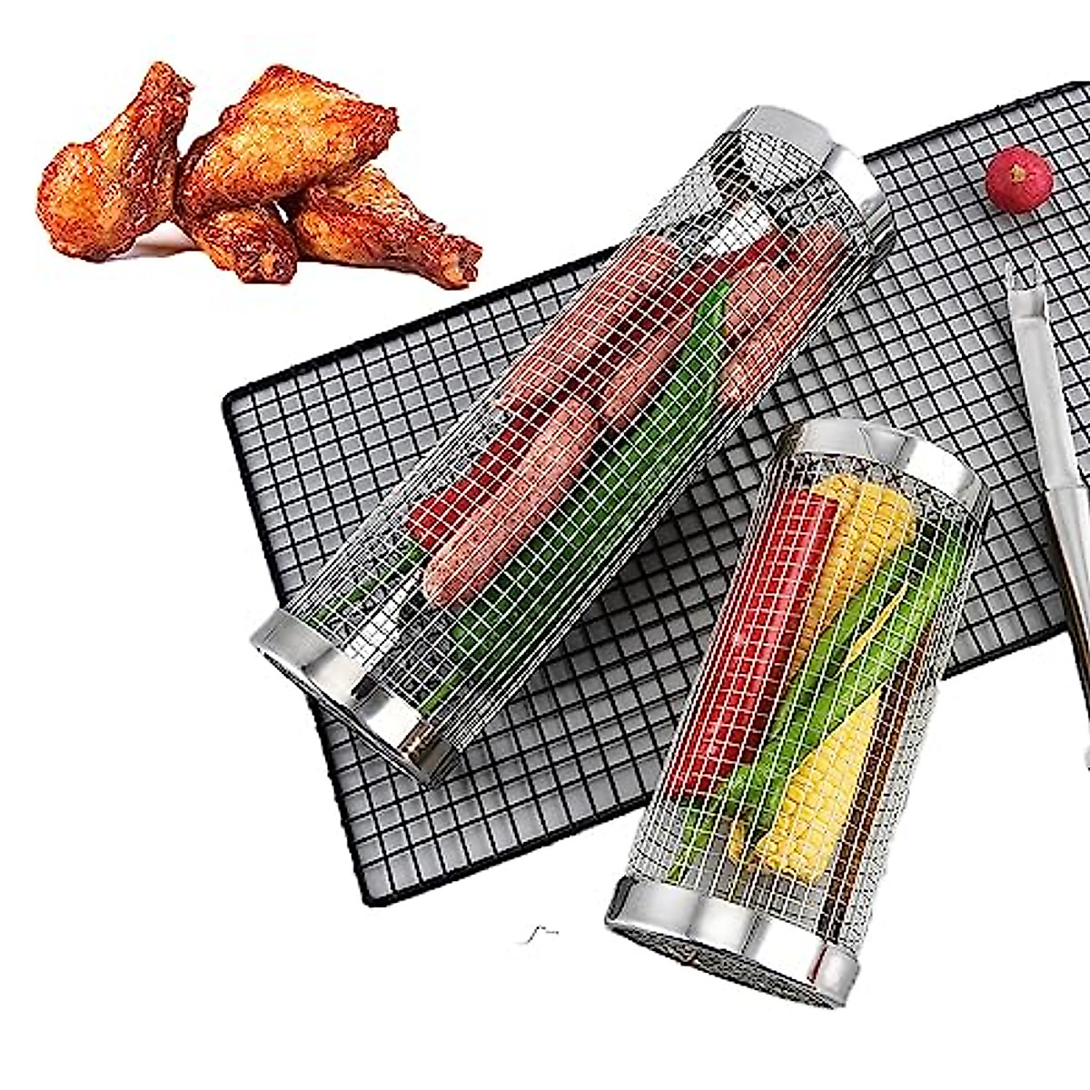 Yunsuelo BBQ Net Tube - Rolling Grilling Basket, Greatest Grilling Basket Ever, Stainless Steel Wire Mesh Cylinder Grill Basket, Portable Outdoor Camping Non-Stick Barbecue (7.87in 2pack)