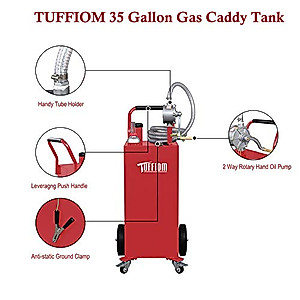 TUFFIOM 35 Gallon Portable Gas Caddy w/ Wheels & 11.9ft Hose, Fuel Transfer Storage Tank Gasoline Diesel Can Reversible Rotary Hand Siphon Pump, for ATV Car Mowers Tractor Boat Motorcycle(Red)
