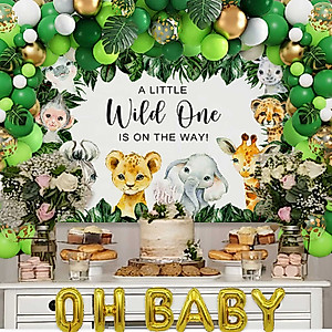Yuzioey 224PCS Safari Baby Shower Decorations, Jungle Animals Oh Baby Party Supplies, Safari Disposable Dinnerware (Serve 24 Guests)with Paper Plates Cups, Backdrop Tablecloth Balloon Garland Kit