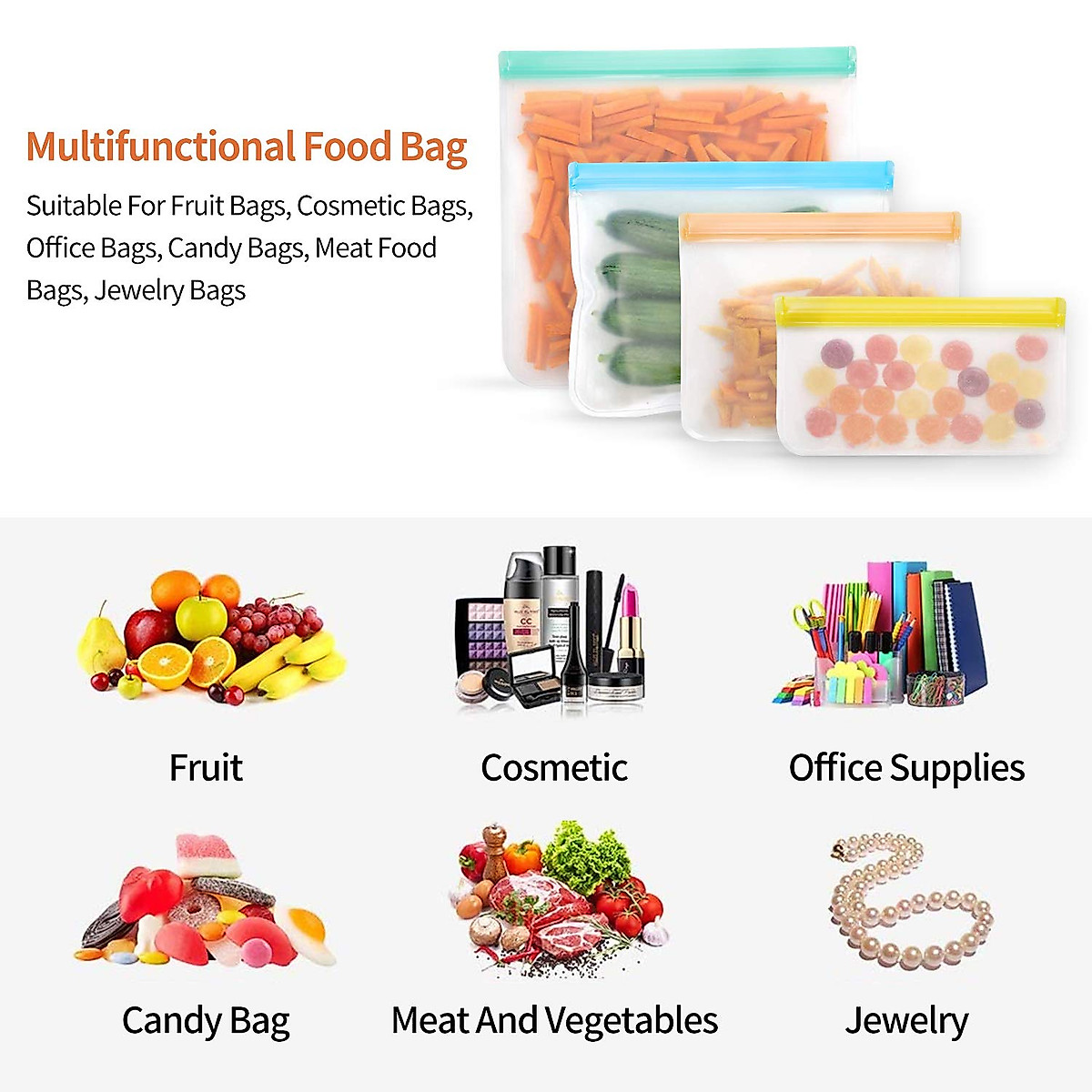 VECELO Reusable Storage Bags, Leakproof Storage Bag Sandwich Bags for Food, Travel, Home Organization, BPA FREE Resealable Lunch Bag for Meat Fruit Veggies