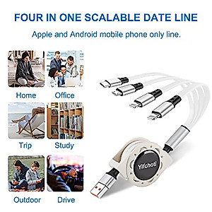 2 Pack 4 in 1 Multi USB Retractable Charger Cable,Fast Multiple Charging Cord Adapter with Dual Phone/USB-C/Micro-USB Port Adapter, Fast Charging Compatible with Cell Phones Tablets Universal Use