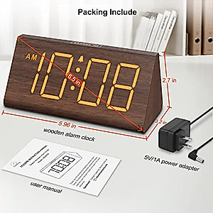DreamSky Wooden Digital Alarm Clocks for Bedrooms - Electric Desk Clock with Large Numbers, USB Port, Battery Backup Alarm, Adjustable Volume, Dimmer, Snooze, DST, 12/24H, Wood Décor (Brown)