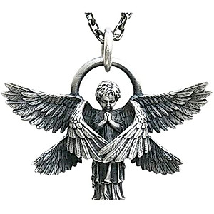 TOKZON Angel Amulet Necklace, Angel Pendant Necklace Angel Wings Amulet, Seraphim Pray Pendant, for Men and Women-Silver