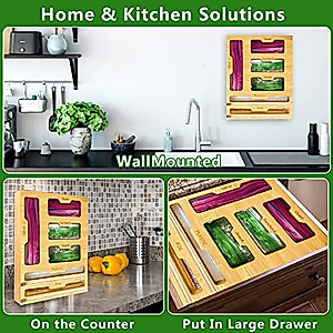 Ziplock Bag Storage Organizer for Kitchen,Aluminum Foil Plastic Wrap Dispenser with Cutter,Real Bamboo 6-in-1 Sandwich Bags Organizer and Lunch Baggie Dispenser,for Drawer,Wall,Pantry etc