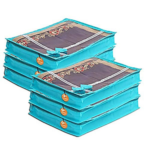 KANUSHI® Set Of 6 Pc Flower Design Transparent Saree Cover/Bag with Stainless Steel Zip Lock Combo(Large) (Light Green)