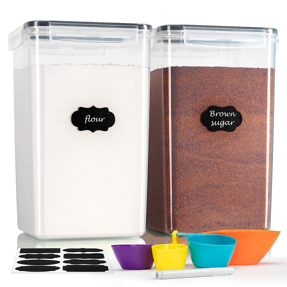 GCZXNSYM Extra Large Food Storage Containers with Lids | Airtight, Leak Proof, Plastic, BPA Free, Kitchen Items, Set of 2 (6.5L / 220 Oz) 8 PCS Labels&4 Spoons&1 White Pen for Sugar, Coffee, Bakin
