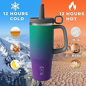 ZZT 40 oz Tumbler with Handle and Straw Lid,Leak Proof Metal Sports Water Bottle Jug,Stainless Steel Insulated Travel Coffee Mug-Fits in Cup Holder-Gifts for Women & Men(Green Purple)