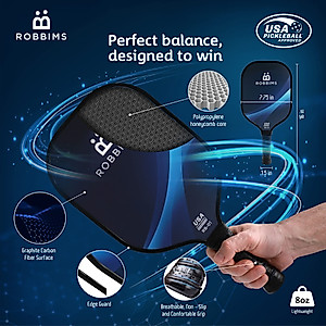 ROBBIMS Portable Pickleball Set with Net | 4 USAPA Approved Graphite Paddles, Duffle Bag, Regulation Size Pickleball Net System, Assembly Manual, 8 Outdoor Pickleball Balls and Carry Bag