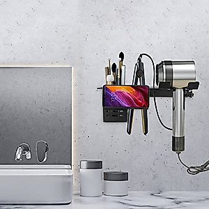 Blow Dryer and Straightener Holder, Yimerlen Hair Holder Wall Mounted Tools Organizer, Bathroom Ultifunctional Straighteners (with Mobile Phone Holder, Black)