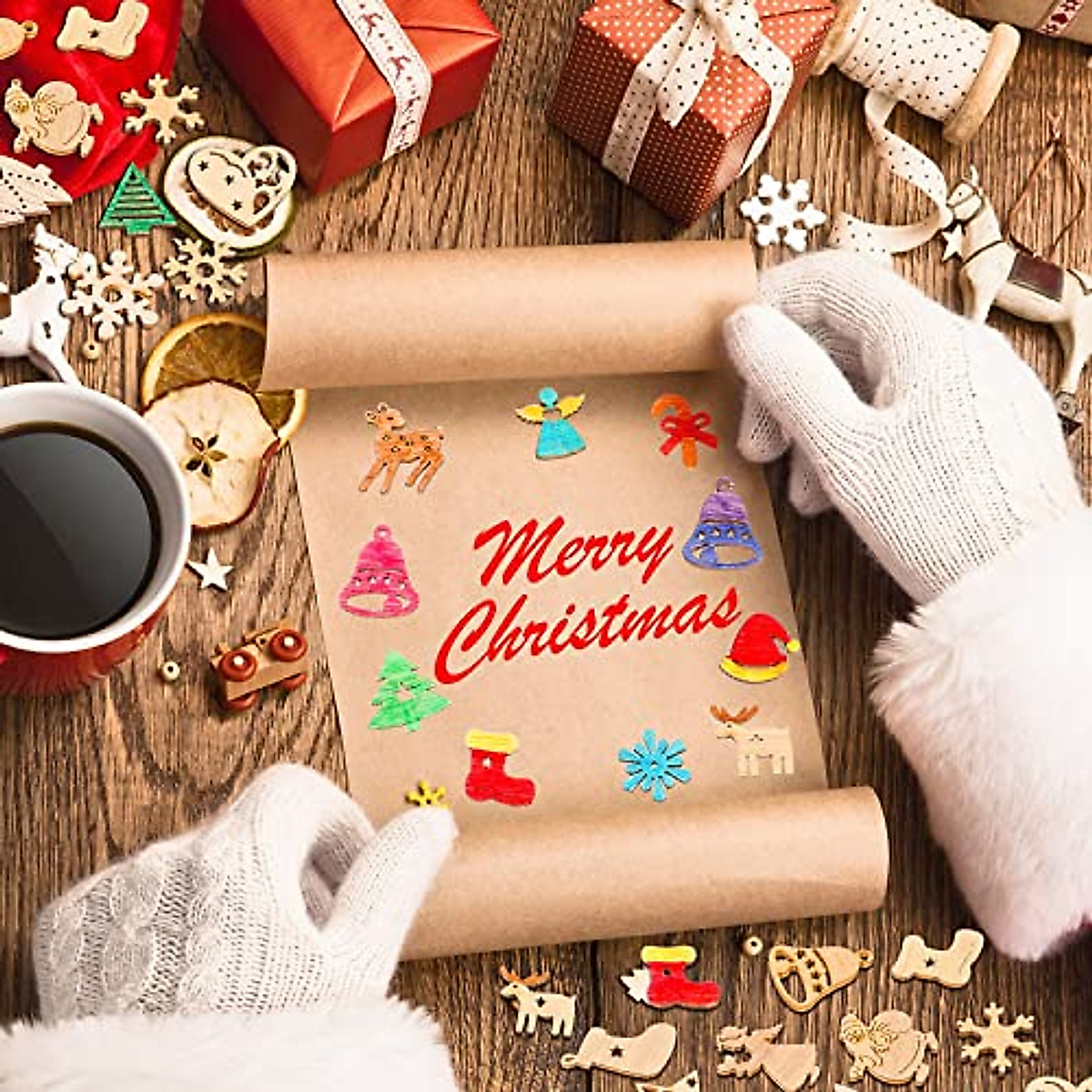 200 Pieces Christmas Unfinished Mini Wooden Ornaments Halloween Thanksgiving DIY Mini Wood Blank Cutouts with Storage Box and Twine for Christmas Tree Hanging Crafts Xmas Decorations