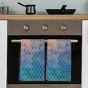 Kitchen Towels Fish Mermaid Glitter Absorbent Tea Towel Soft Hand Dish Towel Ocean Ombre Orange Teal Reusable Washable Cleaning Cloth Hand Bath Towels for Bathroom Bar for Everyday Cooking (Pack of 1)