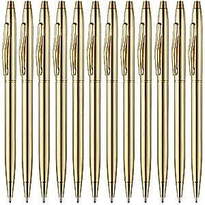 Outus 12 Pieces Gold Metallic Pens Slim Metallic Ballpoint Pens Retractable Ballpoint Pen with Black Ink Metal Pens Mini Conical Ballpoint Pens for Business Students Teachers Wedding, 1.0 mm