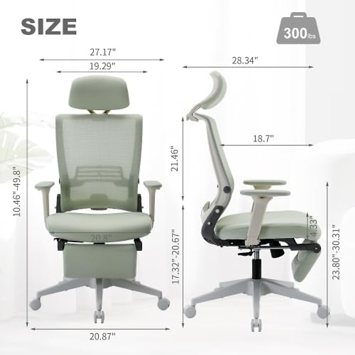 Ergonomic Mesh High Back Desk Chair, Adjustable Headrest Office Chair with 5d armrest and Foot Rest, tilt Function max 128° Computer Desk Swivel Chair with Wheels (Green)