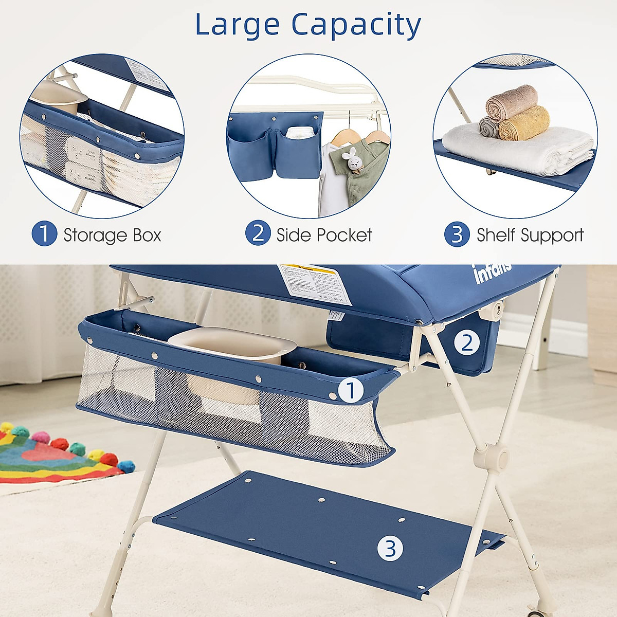 INFANS Portable Baby Changing Table, Folding Diaper Dresser Station with Wheels, Adjustable Height, Safety Belt, Drying and Storage Rack, Mobile Nursery Organizer Stand for Newborn Infant (Gray)