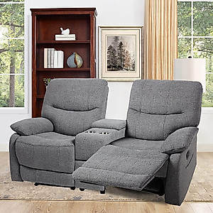 VUYUYU Reclining Sofa, Double Reclining Loveseat with Console, 2 Seater Sofa Home Theater Seating, Fabric Recliner Sofa Couches with Storage and Cup Holders (Gray)